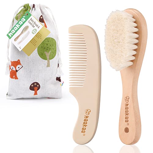 haakaa Baby Hair Brush and Comb Set for Newborns & Toddlers - Natural Soft Goat Bristles and Wooden Handle, Gently Grooms Baby's Hair, Ideal for Cradle Cap, Perfect Baby Gift, 2pk