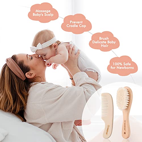 haakaa Baby Hair Brush and Comb Set for Newborns & Toddlers - Natural Soft Goat Bristles and Wooden Handle, Gently Grooms Baby's Hair, Ideal for Cradle Cap, Perfect Baby Gift, 2pk