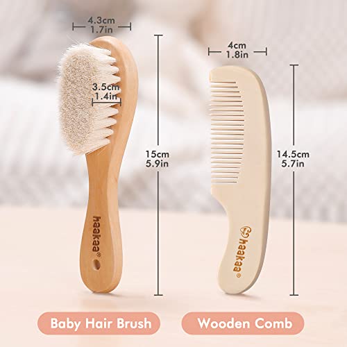 haakaa Baby Hair Brush and Comb Set for Newborns & Toddlers - Natural Soft Goat Bristles and Wooden Handle, Gently Grooms Baby's Hair, Ideal for Cradle Cap, Perfect Baby Gift, 2pk