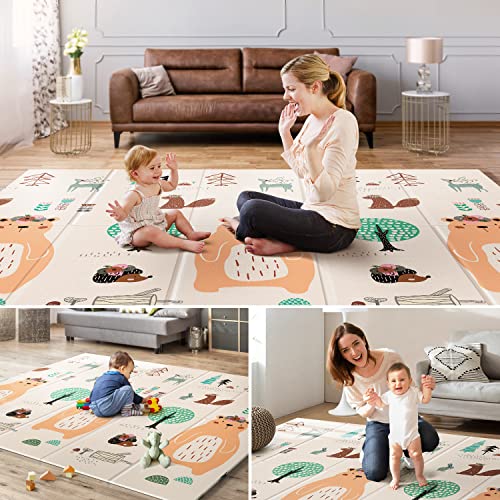 UANLAUO Foldable Baby Play Mat, Extra Large Waterproof Activity Playmats for Babies,Toddlers, Infants, Play & Tummy Time, Foam Baby Mat for Floor with Travel Bag (Bear(79x71x0.4inch))