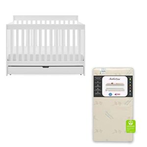 delta children mercer 6-in-1 convertible crib with storage trundle + simmons kids slumbertime naturally 2-stage premium foam crib & toddler mattress - greenguard certified [bundle], bianca white