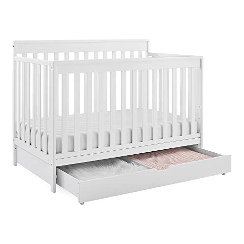 Delta Children Mercer 6-in-1 Convertible Crib with Storage Trundle + Simmons Kids SlumberTime Naturally 2-Stage Premium Foam Crib & Toddler Mattress - GREENGUARD Certified [Bundle], Bianca White