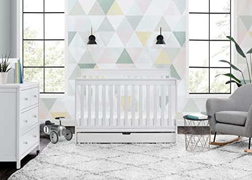 Delta Children Mercer 6-in-1 Convertible Crib with Storage Trundle + Simmons Kids SlumberTime Naturally 2-Stage Premium Foam Crib & Toddler Mattress - GREENGUARD Certified [Bundle], Bianca White