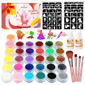 temporary glitter tattoo kids, eleanore's diary 31 glitter colors,165 unique stencils,2 glue,4 brushes,adults & kids arts glitter make up kit, gifts for girls boys birthday party summer beach festival