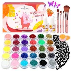 Temporary Glitter Tattoo Kids, Eleanore's Diary 31 Glitter Colors,165 Unique Stencils,2 Glue,4 Brushes,Adults & Kids Arts Glitter Make Up Kit, Gifts for Girls Boys Birthday Party Summer Beach Festival