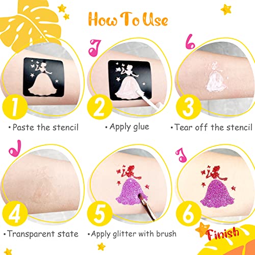 Temporary Glitter Tattoo Kids, Eleanore's Diary 31 Glitter Colors,165 Unique Stencils,2 Glue,4 Brushes,Adults & Kids Arts Glitter Make Up Kit, Gifts for Girls Boys Birthday Party Summer Beach Festival