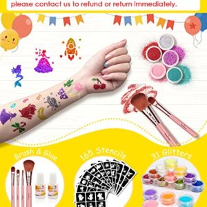 Temporary Glitter Tattoo Kids, Eleanore's Diary 31 Glitter Colors,165 Unique Stencils,2 Glue,4 Brushes,Adults & Kids Arts Glitter Make Up Kit, Gifts for Girls Boys Birthday Party Summer Beach Festival