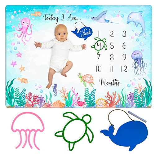 Baby Monthly Milestone Blanket Boy and Girl - Extra Soft Fleece Blanket for Baby Shower - Milestone Blanket Baby Boy and Girl Nursery Decor - Capture Baby Growth - with Whale Chalkboard + 2 Frames