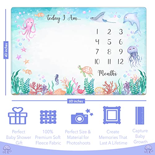 Baby Monthly Milestone Blanket Boy and Girl - Extra Soft Fleece Blanket for Baby Shower - Milestone Blanket Baby Boy and Girl Nursery Decor - Capture Baby Growth - with Whale Chalkboard + 2 Frames