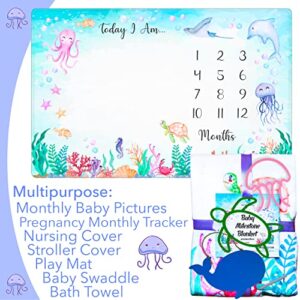 Baby Monthly Milestone Blanket Boy and Girl - Extra Soft Fleece Blanket for Baby Shower - Milestone Blanket Baby Boy and Girl Nursery Decor - Capture Baby Growth - with Whale Chalkboard + 2 Frames