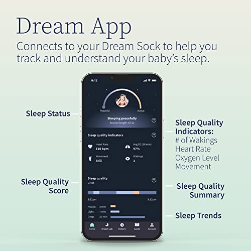 Owlet Dream Sock - Smart Baby Monitor - Foot Sensor to Track Heartbeat and Oxygen O2 Levels in Infants and Babies - Notifications for Night Wakings, Movement and Sleep State - Mint