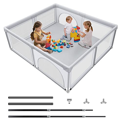 Baby Playpen, Large Playard, Indoor & Outdoor Kids Activity Center with Anti-Slip Base, Sturdy Safety Play Yard with Breathable Mesh, Kid's Fence for Infants Toddlers (Light Grey, 59”x47”)