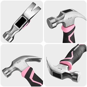 WORKPRO 8 oz Claw Hammer with Fiberglass Handle, All Purpose Hammer with Forged Hardened Steel Head, Smooth Face & Shock Reduction Grip, Pink