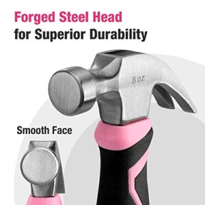 WORKPRO 8 oz Claw Hammer with Fiberglass Handle, All Purpose Hammer with Forged Hardened Steel Head, Smooth Face & Shock Reduction Grip, Pink