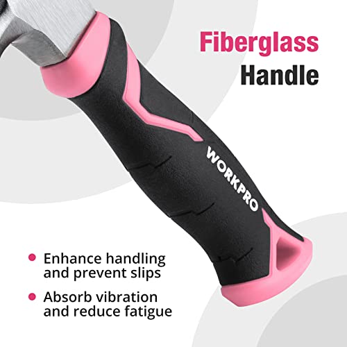 WORKPRO 8 oz Claw Hammer with Fiberglass Handle, All Purpose Hammer with Forged Hardened Steel Head, Smooth Face & Shock Reduction Grip, Pink