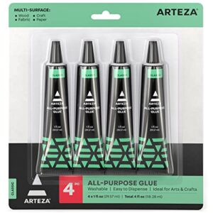 arteza all-purpose craft glue, 4-pack, fast-drying clear glue for crafts, ideal for wood, fabric, plastic, glass, metal, ceramic, jewelry, model, paper, fabric fusion and no sew projects