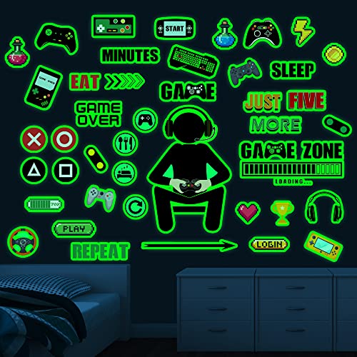 Gamer Wall Decals Stickers Glow in The Dark Wall Decals Game Wall Stickers Gaming Controller Wall Decals Game Room Decor Video Game Decal for Boys Kids Girls Bedoom Playroom Wall Decor… (Green)