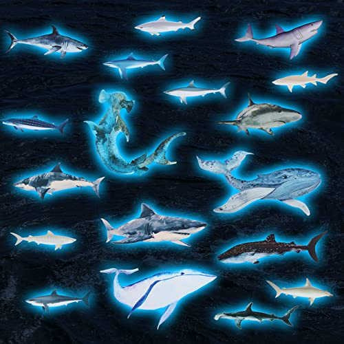 18 Pieces Sharks Peel Shark Wall Decals Removable Wall Stickers Animal Shark Decal Stickers Sea Theme Wall Decor Sticker for Room Bathroom Nursery Home Decor (Glow in the Dark)