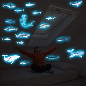 18 Pieces Sharks Peel Shark Wall Decals Removable Wall Stickers Animal Shark Decal Stickers Sea Theme Wall Decor Sticker for Room Bathroom Nursery Home Decor (Glow in the Dark)