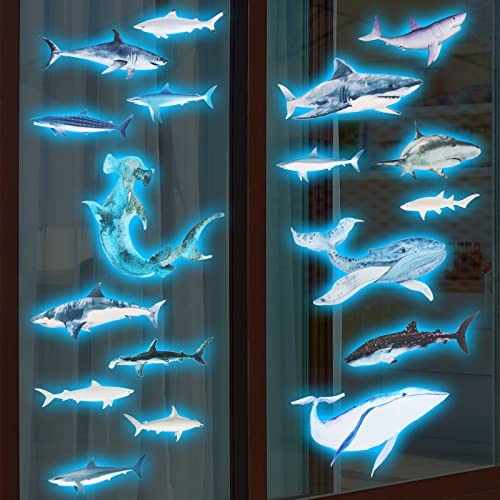 18 Pieces Sharks Peel Shark Wall Decals Removable Wall Stickers Animal Shark Decal Stickers Sea Theme Wall Decor Sticker for Room Bathroom Nursery Home Decor (Glow in the Dark)