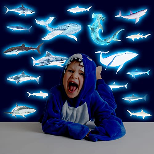 18 Pieces Sharks Peel Shark Wall Decals Removable Wall Stickers Animal Shark Decal Stickers Sea Theme Wall Decor Sticker for Room Bathroom Nursery Home Decor (Glow in the Dark)