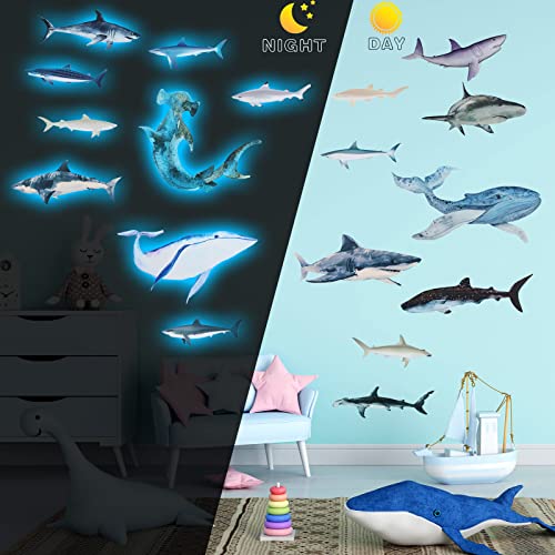 18 Pieces Sharks Peel Shark Wall Decals Removable Wall Stickers Animal Shark Decal Stickers Sea Theme Wall Decor Sticker for Room Bathroom Nursery Home Decor (Glow in the Dark)