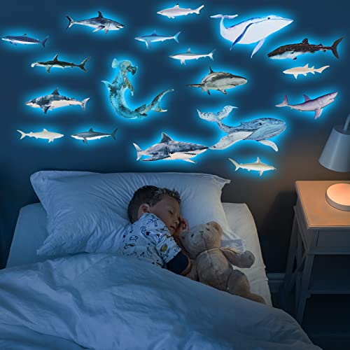 18 Pieces Sharks Peel Shark Wall Decals Removable Wall Stickers Animal Shark Decal Stickers Sea Theme Wall Decor Sticker for Room Bathroom Nursery Home Decor (Glow in the Dark)