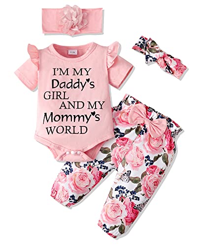 SUNNY PIGGY Infant Girl Clothes Short Ruffle Sleeve Romper Onesis 3 Month Baby Girls’ Clothing Floral Cotton Pant Sets 6 Month Girl Clothes Pink