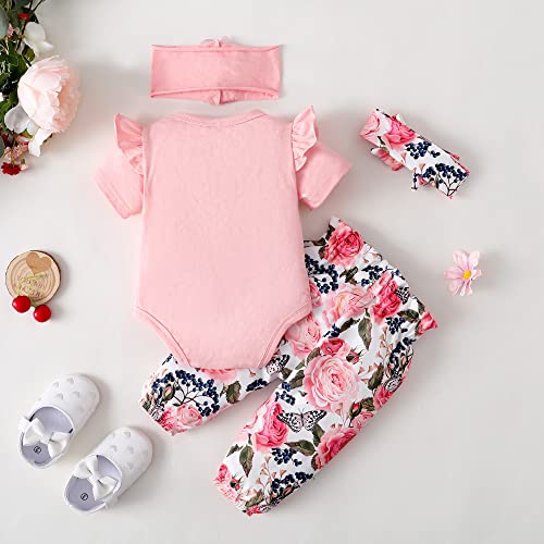 SUNNY PIGGY Infant Girl Clothes Short Ruffle Sleeve Romper Onesis 3 Month Baby Girls’ Clothing Floral Cotton Pant Sets 6 Month Girl Clothes Pink