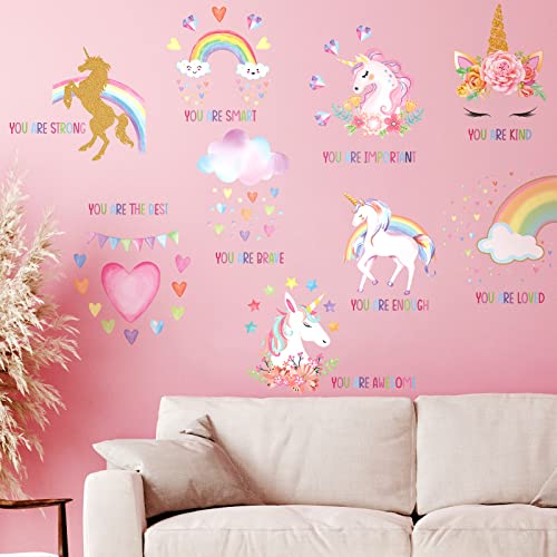 9 Pieces Unicorn Room Decal for Girls Bedroom Unicorn Rainbow Wall Decals Removable Inspirational Wall Decal Unicorn Wall Stickers Decor for Girls Kids Bedroom Nursery Birthday Party (Lovely Style)