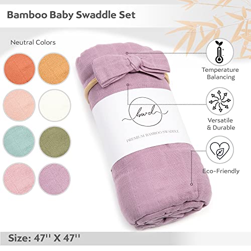 Baby Want Designs Baby Swaddle Blanket & Bow; Premium Bamboo Cotton Newborn Swaddle Set; Ultra-Soft & Eco-Friendly, Large 47 in, Machine Washable, Swaddles for Newborns- Mauve