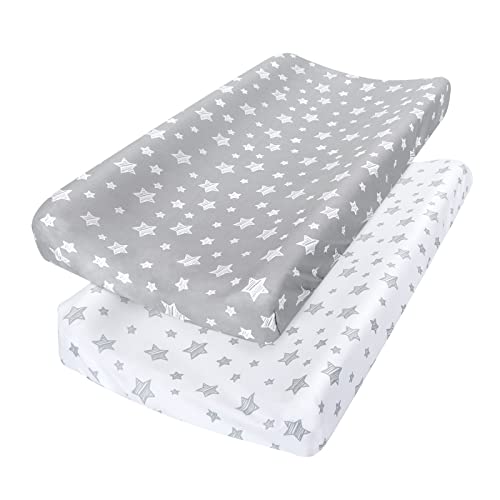 Changing Pad Cover for Boys Girls 2 Pack, Lovely Print Soft Unisex Diaper Change Table Sheets, Fit 32"x16" Contoured Pad, Comfy Cozy 2-Pack Cradle Sheets, Grey & White