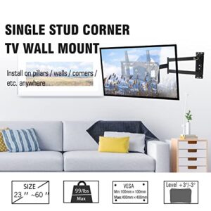 FORGING MOUNT Corner TV Wall Mount Long Arm TV Mount for 23"-60" TVs-Easy to Install Single Stud Design- 33" of Smooth Extension Plus Swivel,Tilt,Holds 99lbs,Universal Bracket Max VESA 400X400mm.