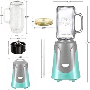 Ovente Electric Personal Portable Blender, 18 Ounce Drink Mixer, Frozen Margarita, Shake & Smoothie Maker, Glass Jar with Stainless Steel Blades and 300-Watt Base, Compact BPA-Free, Turquoise BLH1002T