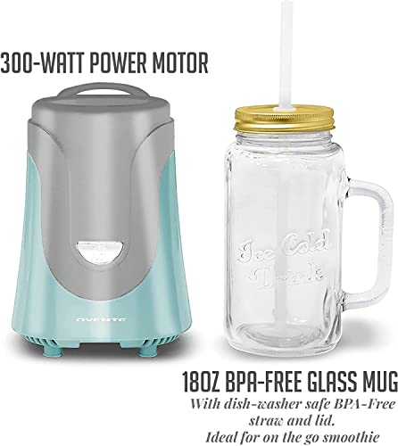 Ovente Electric Personal Portable Blender, 18 Ounce Drink Mixer, Frozen Margarita, Shake & Smoothie Maker, Glass Jar with Stainless Steel Blades and 300-Watt Base, Compact BPA-Free, Turquoise BLH1002T