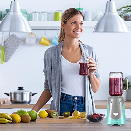 Ovente Electric Personal Portable Blender, 18 Ounce Drink Mixer, Frozen Margarita, Shake & Smoothie Maker, Glass Jar with Stainless Steel Blades and 300-Watt Base, Compact BPA-Free, Turquoise BLH1002T