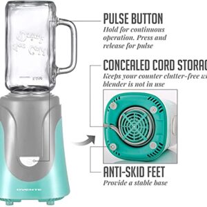 Ovente Electric Personal Portable Blender, 18 Ounce Drink Mixer, Frozen Margarita, Shake & Smoothie Maker, Glass Jar with Stainless Steel Blades and 300-Watt Base, Compact BPA-Free, Turquoise BLH1002T