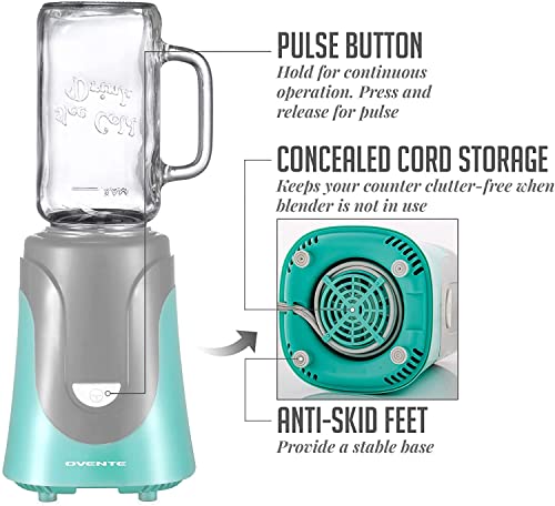 Ovente Electric Personal Portable Blender, 18 Ounce Drink Mixer, Frozen Margarita, Shake & Smoothie Maker, Glass Jar with Stainless Steel Blades and 300-Watt Base, Compact BPA-Free, Turquoise BLH1002T