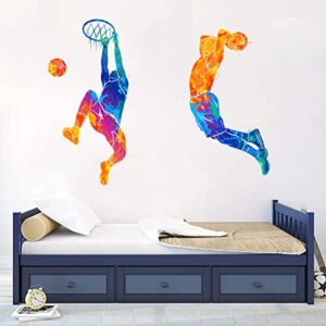 woyinis watercolor basketball player dunk wall stickers for boys teens sports player silhouette wall decals peel & stick removable wall decor art murals kids room playroom baby nursery classroom wall decoration