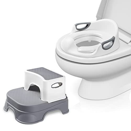 Potty Training Seat,Potty Training Toilet Step Stools Ladder for Kids,Safe Baby Toilet Seat with Splash Guard,2 in 1 Detachable Step Stool for Girls Boys,2 Cushions,1 Cleaning Brush and Hook,Gray