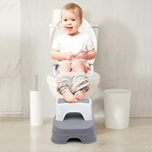 Potty Training Seat,Potty Training Toilet Step Stools Ladder for Kids,Safe Baby Toilet Seat with Splash Guard,2 in 1 Detachable Step Stool for Girls Boys,2 Cushions,1 Cleaning Brush and Hook,Gray