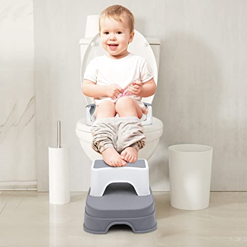 Potty Training Seat,Potty Training Toilet Step Stools Ladder for Kids,Safe Baby Toilet Seat with Splash Guard,2 in 1 Detachable Step Stool for Girls Boys,2 Cushions,1 Cleaning Brush and Hook,Gray