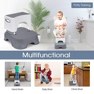 Potty Training Seat,Potty Training Toilet Step Stools Ladder for Kids,Safe Baby Toilet Seat with Splash Guard,2 in 1 Detachable Step Stool for Girls Boys,2 Cushions,1 Cleaning Brush and Hook,Gray