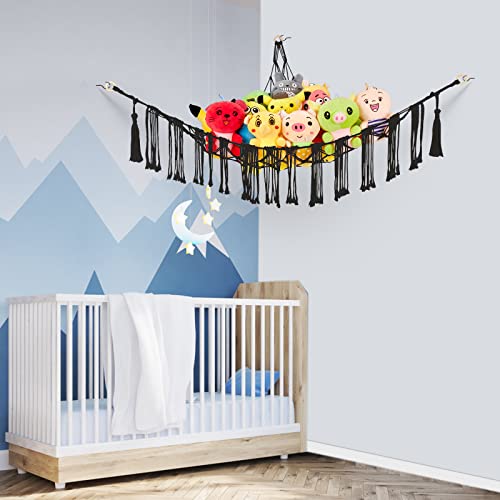 Stuffed Animal Net or Hammock, Porsuluola Macrame Toy Net Hammock for Stuffed Animals with Tassel Wall Corner Toy Storage Hammock Kids Hanging Mesh Toy Net Organizer Black