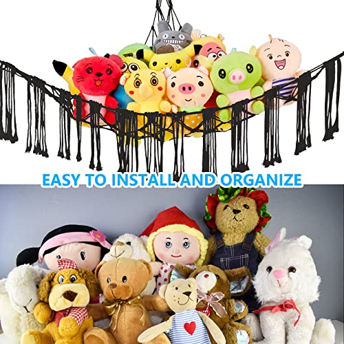 Stuffed Animal Net or Hammock, Porsuluola Macrame Toy Net Hammock for Stuffed Animals with Tassel Wall Corner Toy Storage Hammock Kids Hanging Mesh Toy Net Organizer Black