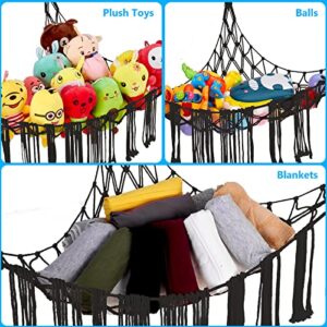 Stuffed Animal Net or Hammock, Porsuluola Macrame Toy Net Hammock for Stuffed Animals with Tassel Wall Corner Toy Storage Hammock Kids Hanging Mesh Toy Net Organizer Black