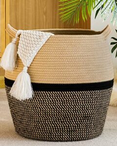 kakamay woven baskets for storage(17"x17"),large cotton rope basket baby laundry hamper,collapsible basket, blanket organizing living room,nursery,clothes,toy chest (black)