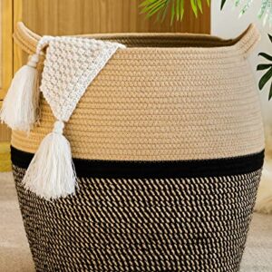 KAKAMAY Woven Baskets for Storage(17"x17"),Large Cotton Rope Basket Baby Laundry Hamper,Collapsible Basket, Blanket Organizing Living Room,Nursery,Clothes,Toy chest (Black)