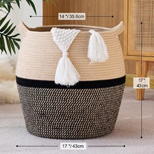 KAKAMAY Woven Baskets for Storage(17"x17"),Large Cotton Rope Basket Baby Laundry Hamper,Collapsible Basket, Blanket Organizing Living Room,Nursery,Clothes,Toy chest (Black)