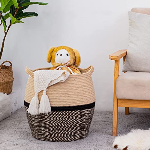 KAKAMAY Woven Baskets for Storage(17"x17"),Large Cotton Rope Basket Baby Laundry Hamper,Collapsible Basket, Blanket Organizing Living Room,Nursery,Clothes,Toy chest (Black)